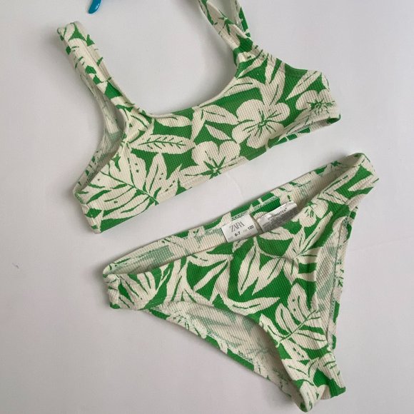 Zara | Swim | Zara Swim Bikini Sz 67 Y Green White Tropical Hawaiian ...